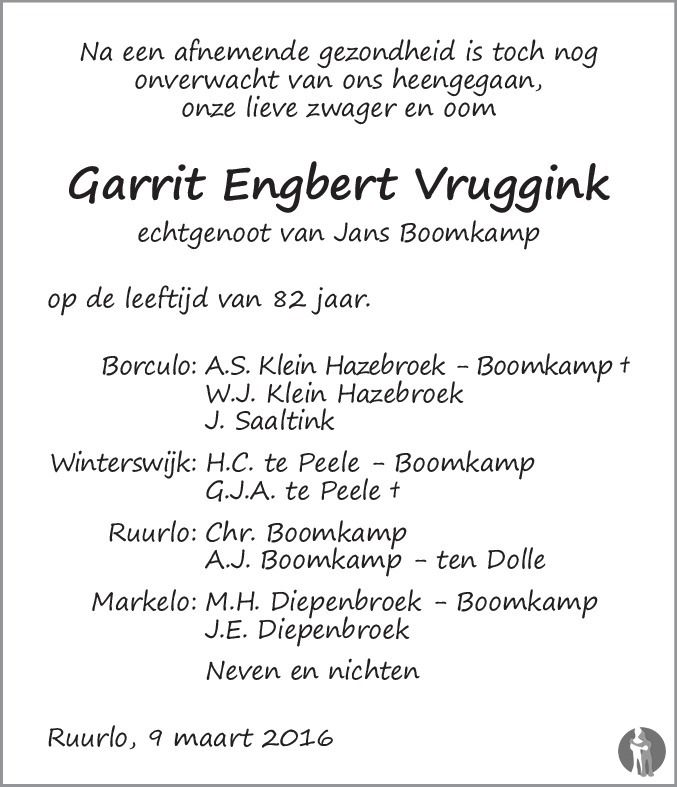 Garrit Engbert (Gerrit) Vruggink 09-03-2016 overlijdensbericht en ...