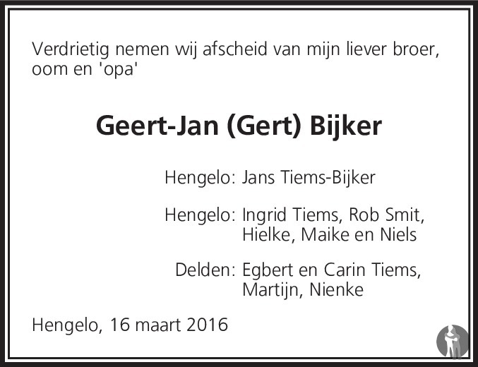 Gert Bijker 12-03-2016 overlijdensbericht en condoleances - Mensenlinq.nl