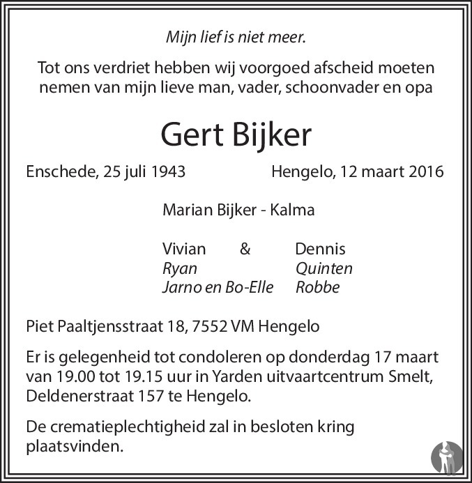 Gert Bijker 12-03-2016 overlijdensbericht en condoleances - Mensenlinq.nl