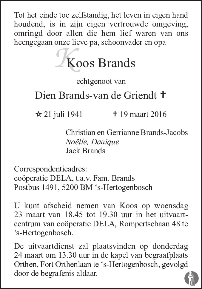 Koos Brands 19-03-2016 overlijdensbericht en condoleances - Mensenlinq.nl