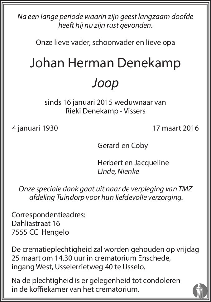Johan Herman (Joop) Denekamp 17-03-2016 overlijdensbericht en ...