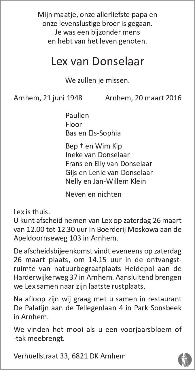 Lex van Donselaar 20-03-2016 overlijdensbericht en condoleances - Mensenlinq.nl