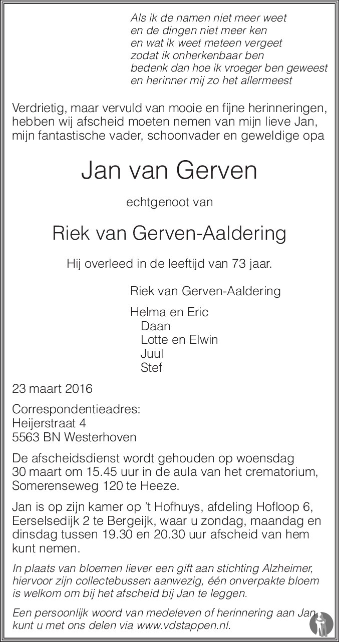 Jan van Gerven 23-03-2016 overlijdensbericht en condoleances ...