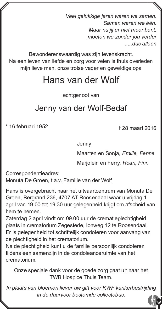 Hans van der Wolf 28-03-2016 overlijdensbericht en condoleances ...