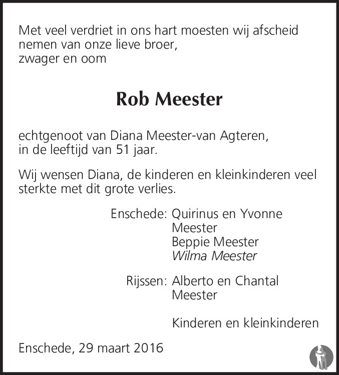Rob Meester 29-03-2016 overlijdensbericht en condoleances - Mensenlinq.nl