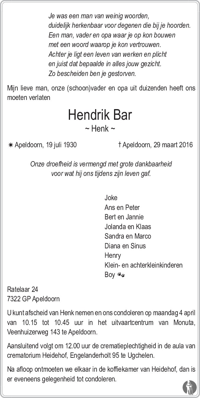 Hendrik (Henk) Bar 29-03-2016 overlijdensbericht en condoleances ...