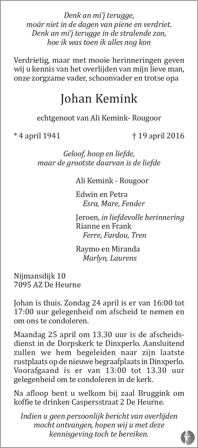 Johan Kemink 19-04-2016 overlijdensbericht en condoleances - Mensenlinq.nl