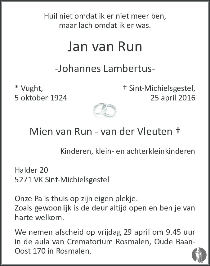 Johannes Lambertus (Jan) van Run 25-04-2016 overlijdensbericht en ...