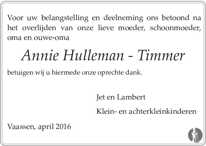 Annie Hulleman - Timmer 07-03-2016 overlijdensbericht en condoleances ...