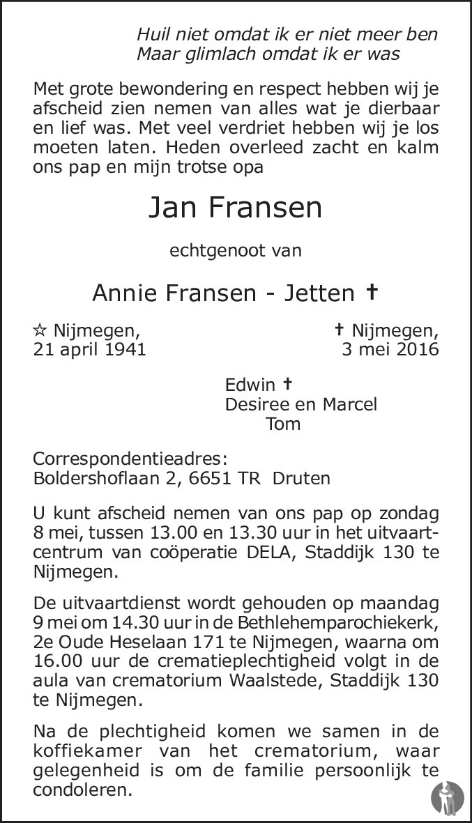 Jan Fransen 03-05-2016 overlijdensbericht en condoleances - Mensenlinq.nl
