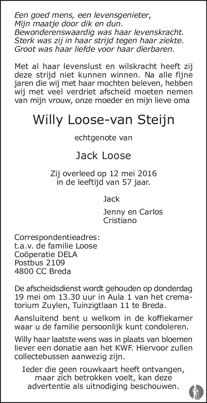Willy Loose - van Steijn 12-05-2016 overlijdensbericht en condoleances ...