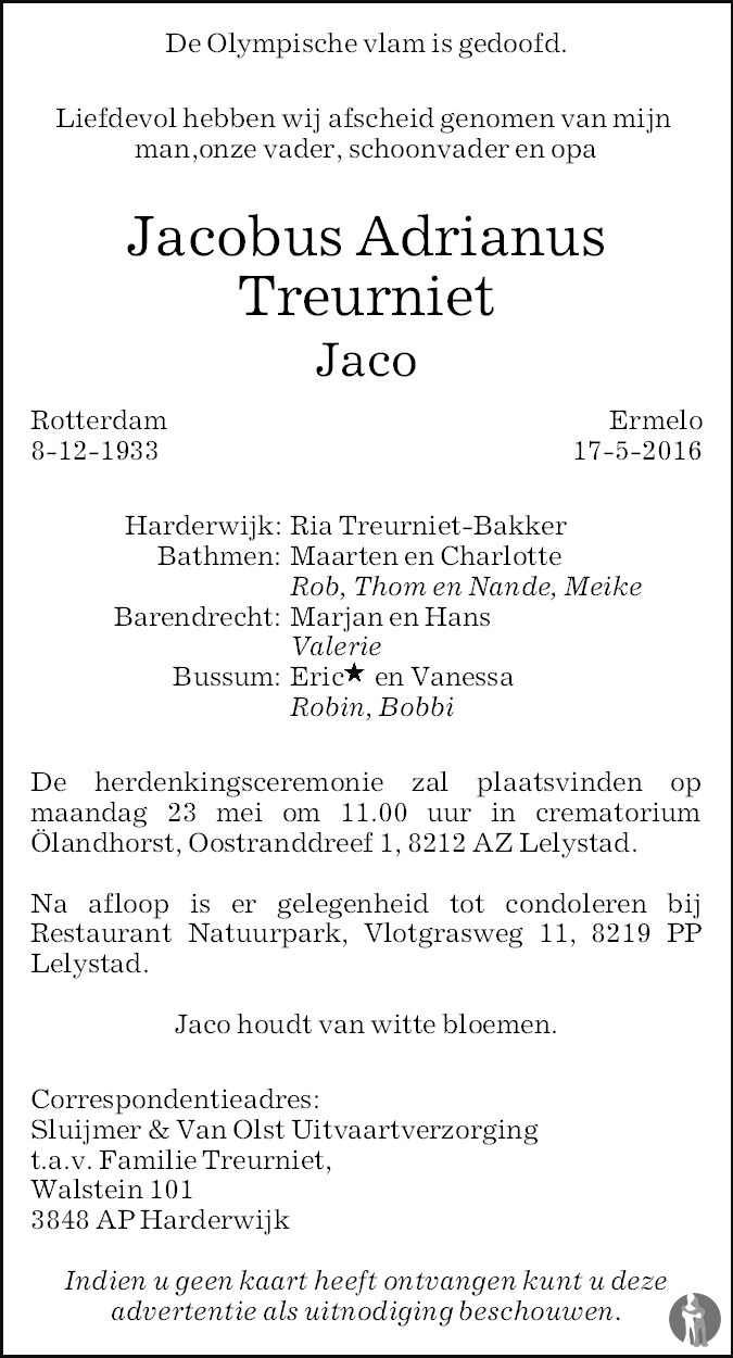 Jacobus Adrianus (Jaco) Treurniet 17-05-2016 overlijdensbericht en ...
