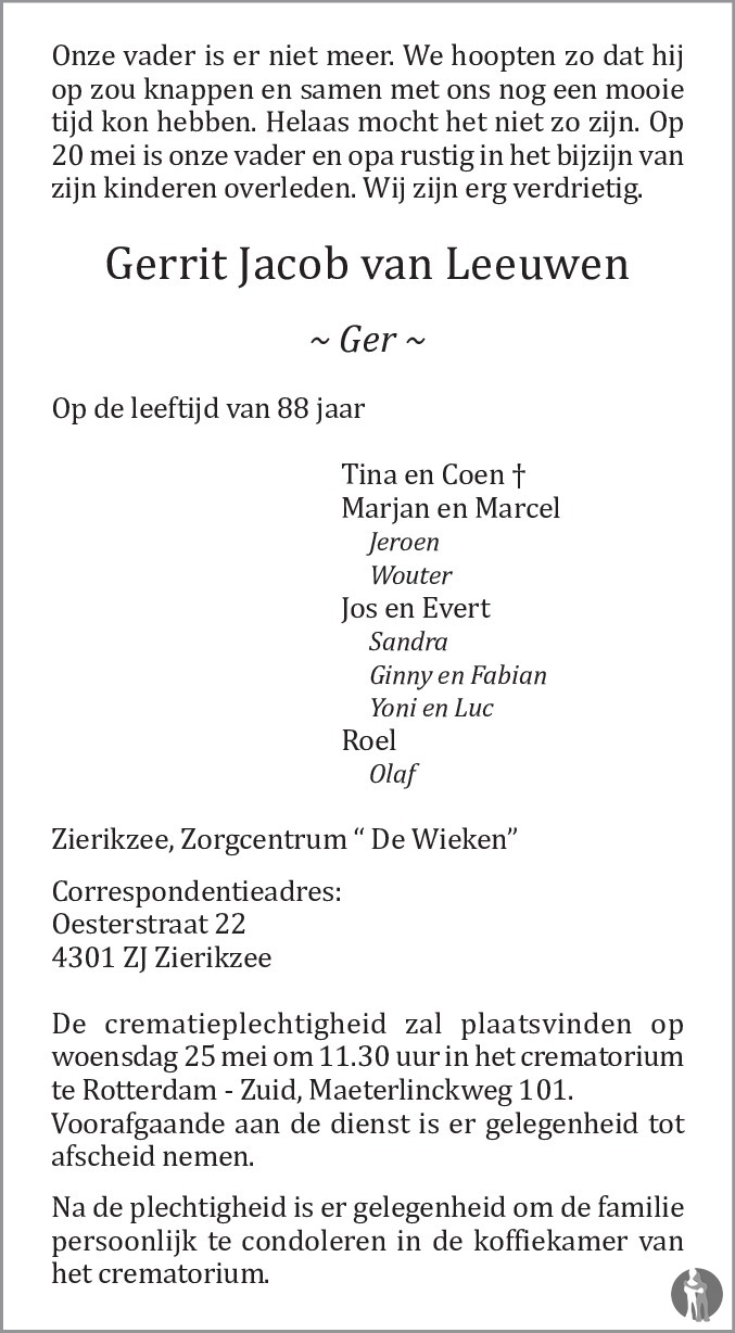 Gerrit Jacob (Ger) van Leeuwen 20-05-2016 overlijdensbericht en condoleances - Mensenlinq.nl