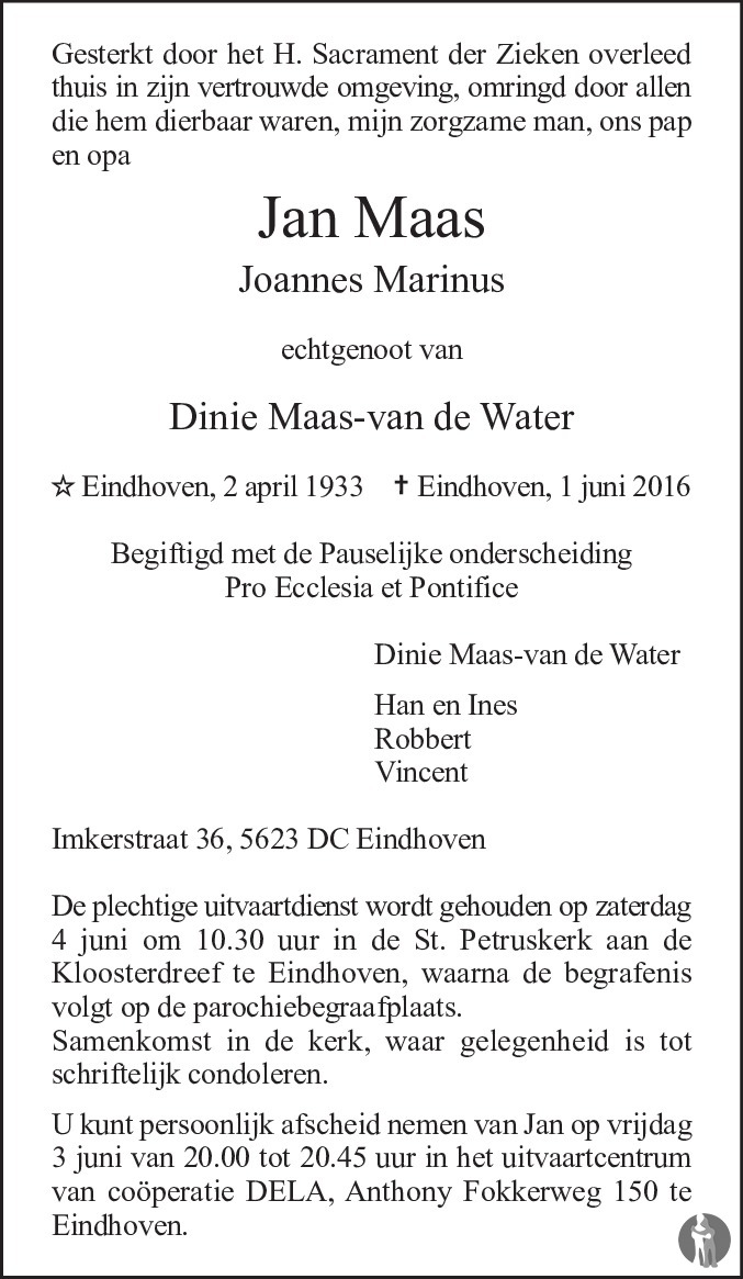 Joannes Marinus (Jan) Maas 01-06-2016 overlijdensbericht en ...