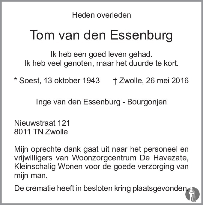 Tom van den Essenburg 26-05-2016 overlijdensbericht en condoleances ...