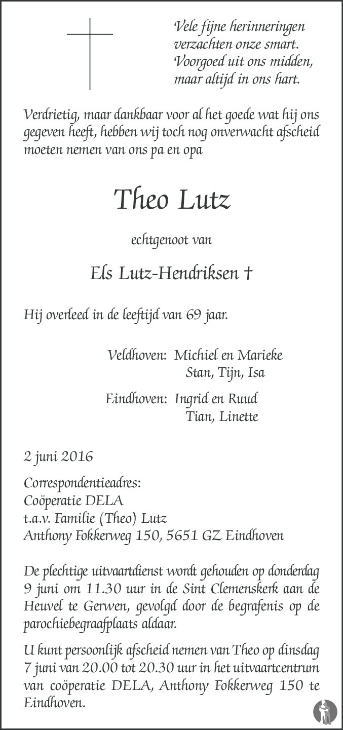Theo Lutz 02-06-2016 overlijdensbericht en condoleances - Mensenlinq.nl