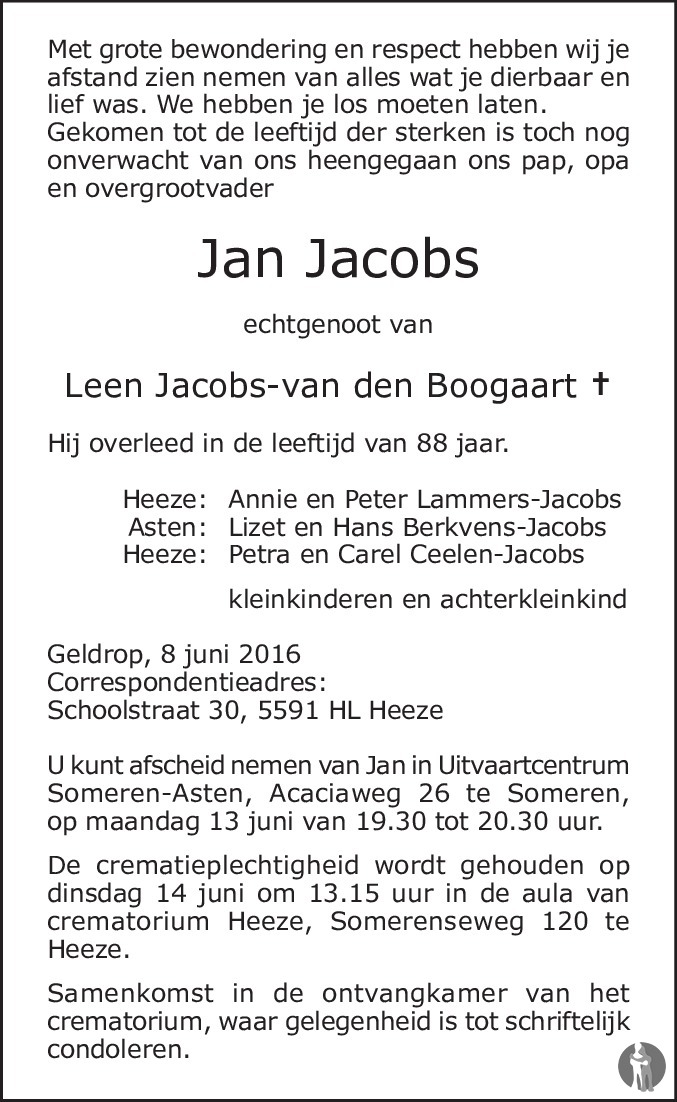 Jan Jacobs 08-06-2016 overlijdensbericht en condoleances - Mensenlinq.nl