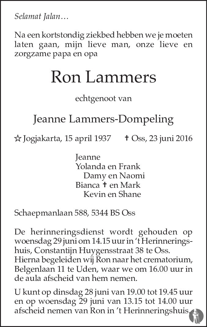 Ron Lammers 23-06-2016 overlijdensbericht en condoleances - Mensenlinq.nl