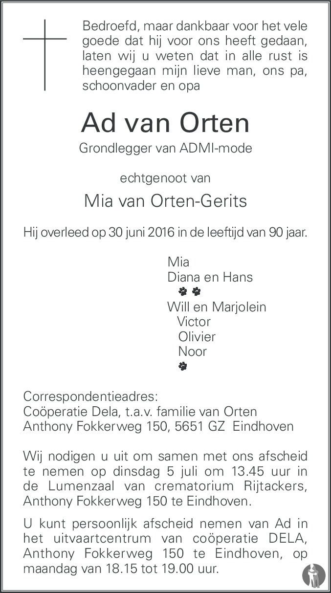 Ad van Orten 30-06-2016 overlijdensbericht en condoleances - Mensenlinq.nl