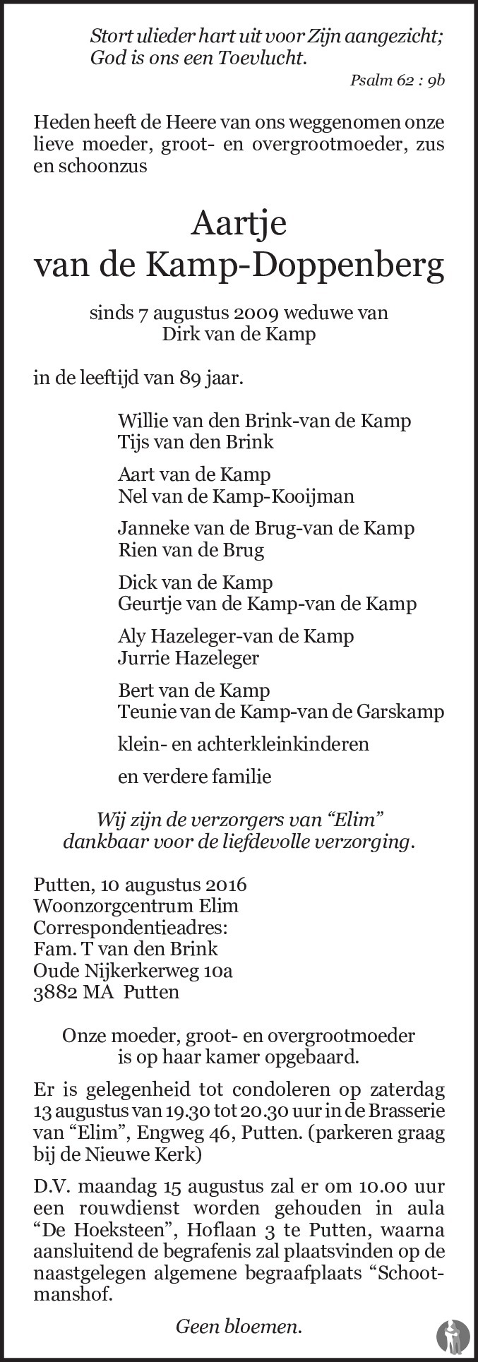 Aartje van de Kamp - Doppenberg 10-08-2016 overlijdensbericht en ...