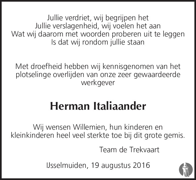 Herman Italiaander 17-08-2016 overlijdensbericht en condoleances ...