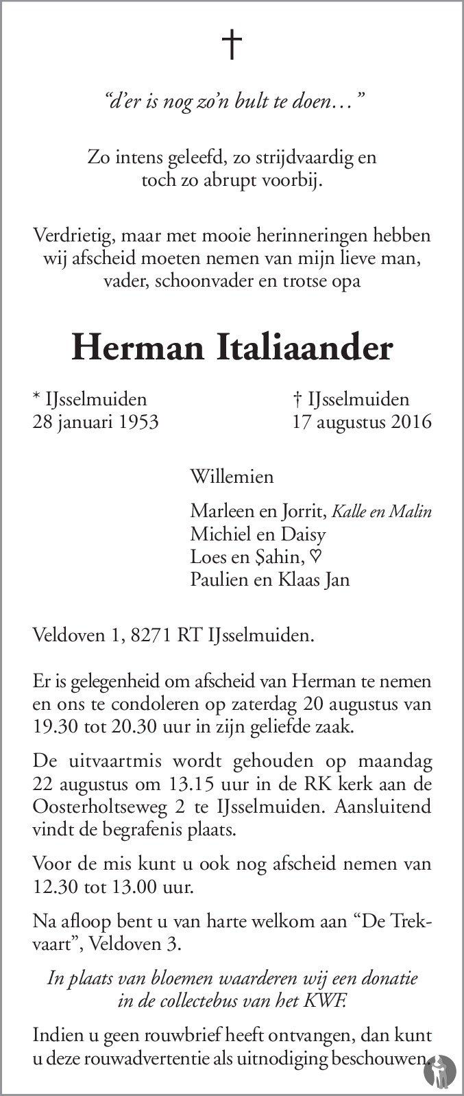 Herman Italiaander 17-08-2016 overlijdensbericht en condoleances ...