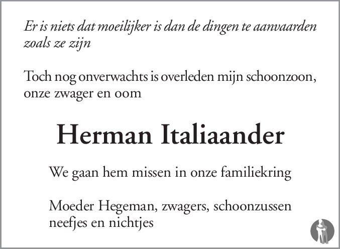 Herman Italiaander 17-08-2016 overlijdensbericht en condoleances ...