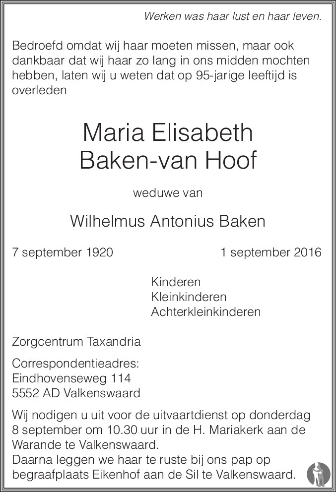 Maria Elisabeth Baken - van Hoof 01-09-2016 overlijdensbericht en ...