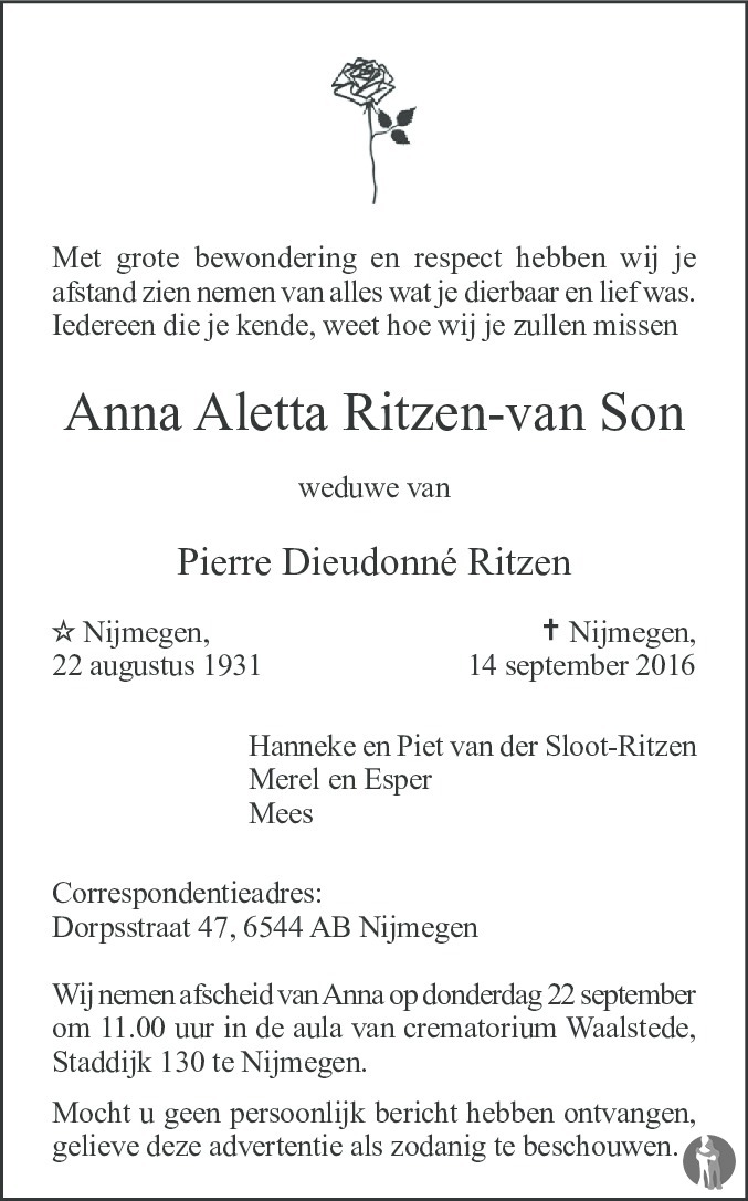 Anna Aletta Ritzen - van Son 14-09-2016 overlijdensbericht en ...