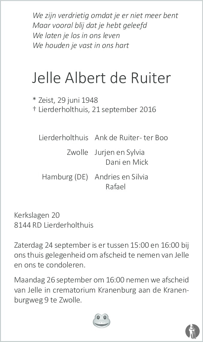 Jelle Albert de Ruiter 21-09-2016 overlijdensbericht en condoleances ...
