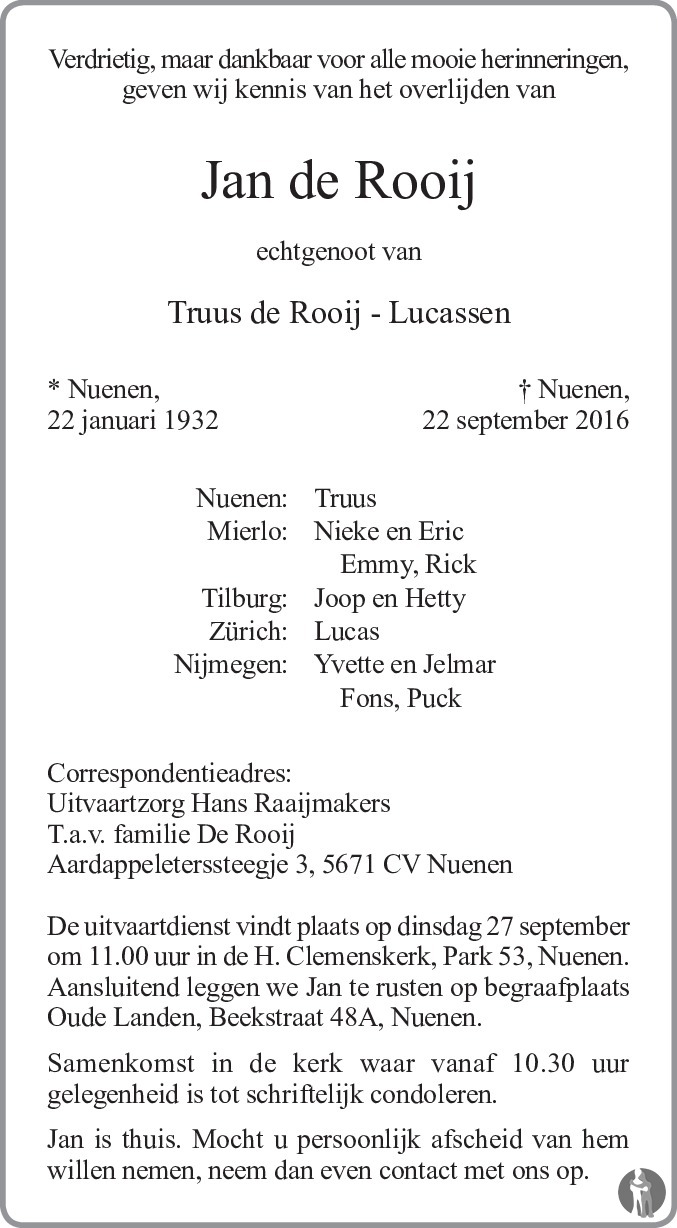 Jan de Rooij 22-09-2016 overlijdensbericht en condoleances - Mensenlinq.nl