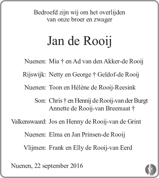 Jan de Rooij 22-09-2016 overlijdensbericht en condoleances - Mensenlinq.nl