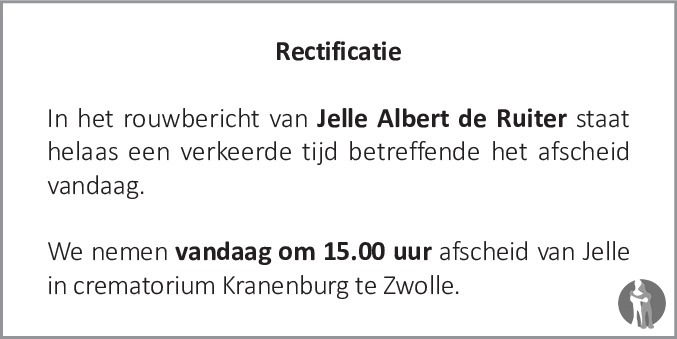 Jelle Albert de Ruiter 21-09-2016 overlijdensbericht en condoleances ...