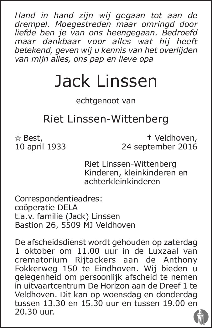 Jack Linssen 24-09-2016 overlijdensbericht en condoleances - Mensenlinq.nl