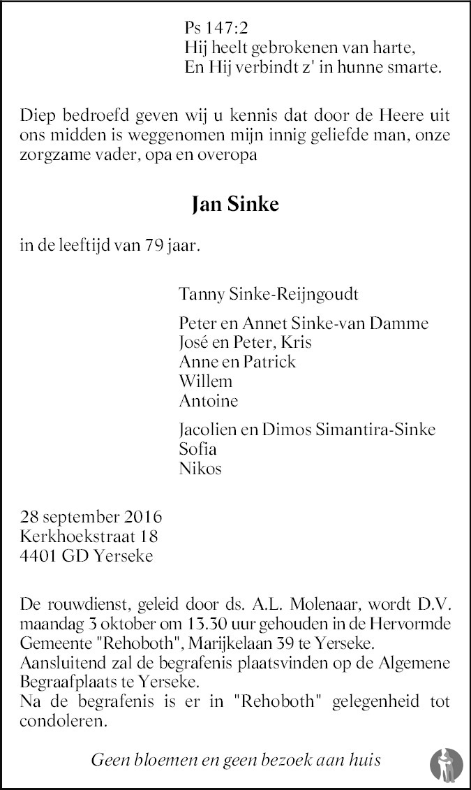 Jan Sinke 28-09-2016 overlijdensbericht en condoleances - Mensenlinq.nl