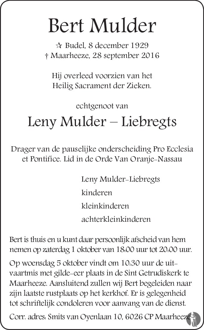 Bert Mulder 28-09-2016 overlijdensbericht en condoleances - Mensenlinq.nl