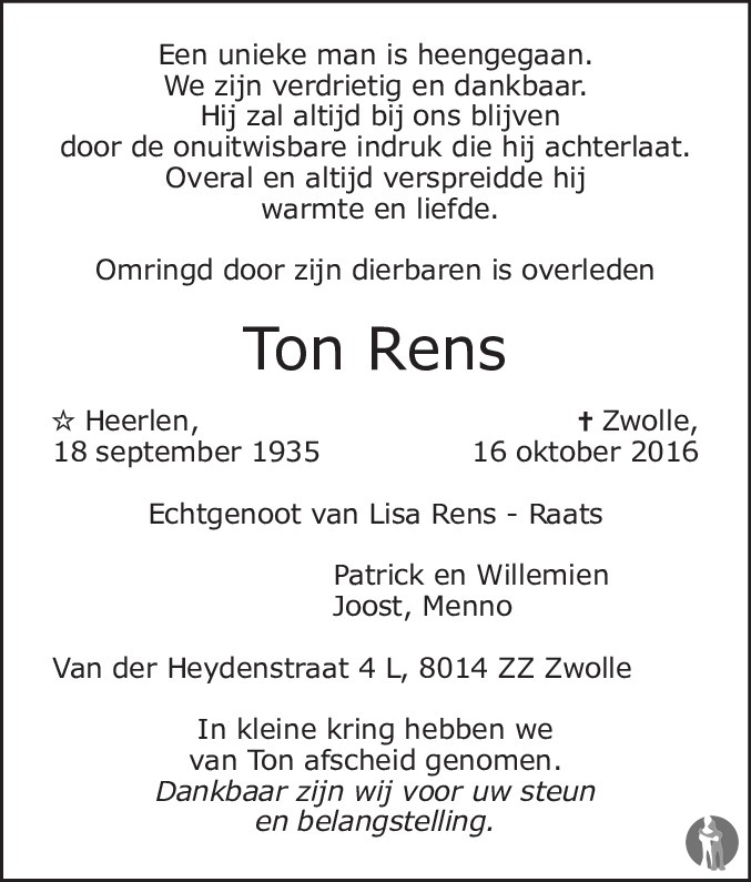 Ton Rens 16-10-2016 overlijdensbericht en condoleances - Mensenlinq.nl