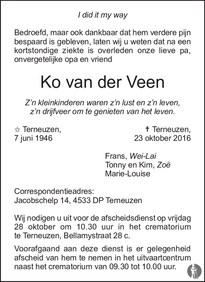 Ko van der Veen 23-10-2016 overlijdensbericht en condoleances ...