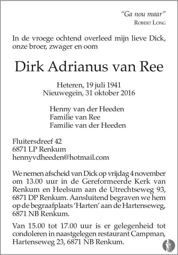 Dirk Adrianus van Ree 31-10-2016 overlijdensbericht en condoleances ...