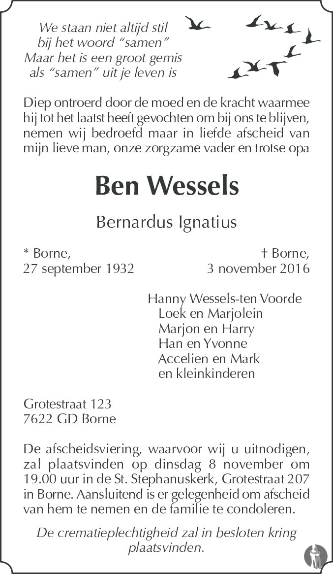 Bernardus Ignatius (Ben) Wessels 03-11-2016 overlijdensbericht en ...