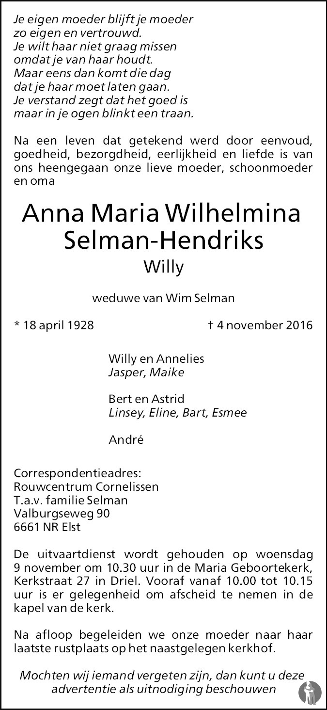 Anna Maria Wilhelmina (Willy) Selman - Hendriks 04-11-2016 ...