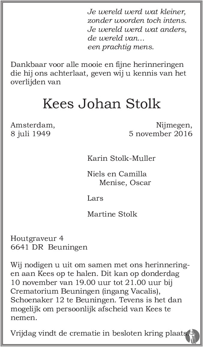 Kees Johan Stolk 05-11-2016 overlijdensbericht en condoleances ...