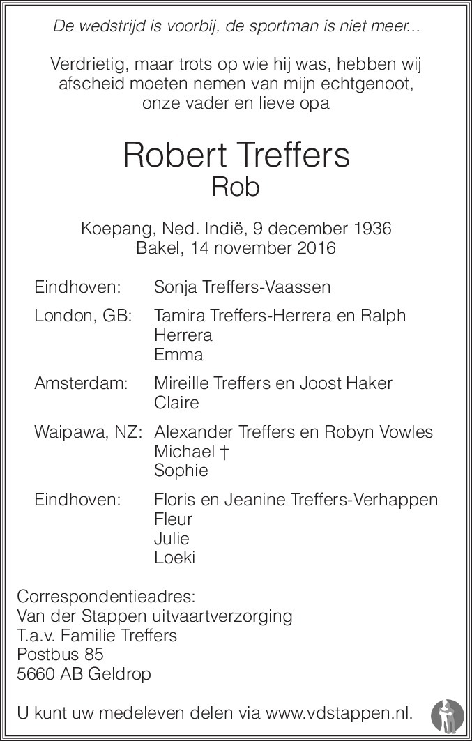Robert (Rob) Treffers 14-11-2016 overlijdensbericht en condoleances ...