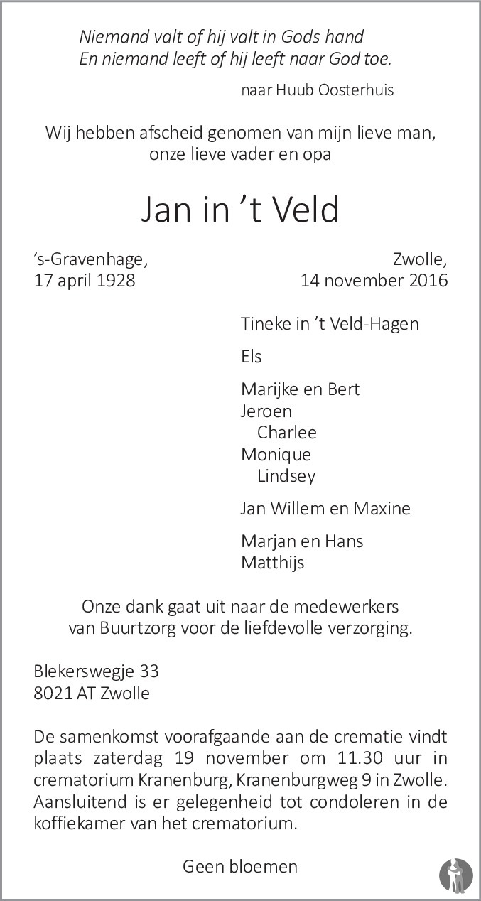Jan in 't Veld 14-11-2016 overlijdensbericht en condoleances ...