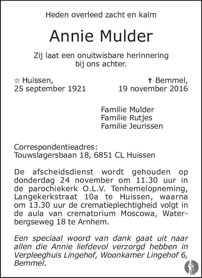 Annie Mulder 19-11-2016 overlijdensbericht en condoleances - Mensenlinq.nl