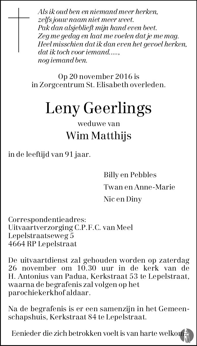 Leny Matthijs - Geerlings 20-11-2016 overlijdensbericht en condoleances ...