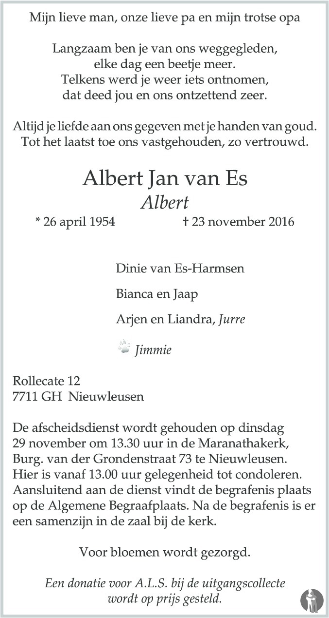 Albert Jan (Albert) van Es 23-11-2016 overlijdensbericht en ...