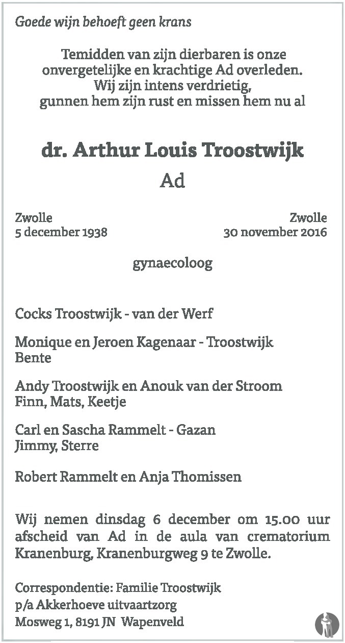 dr. Arthur Louis (Ad) Troostwijk 30-11-2016 overlijdensbericht en ...