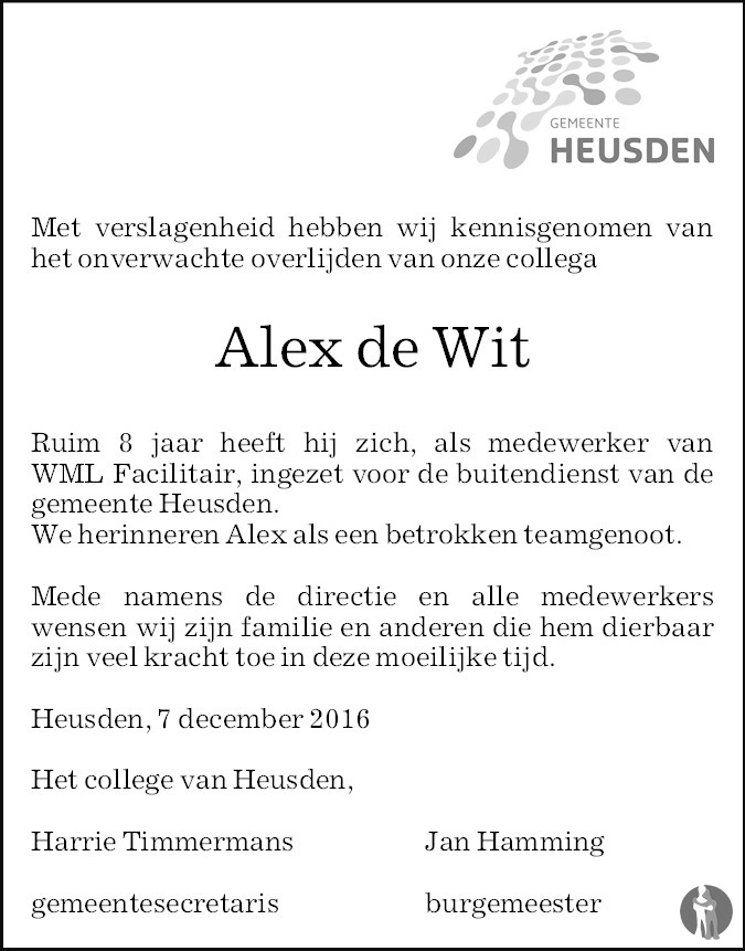 Alex de Wit 08-12-2016 overlijdensbericht en condoleances - Mensenlinq.nl