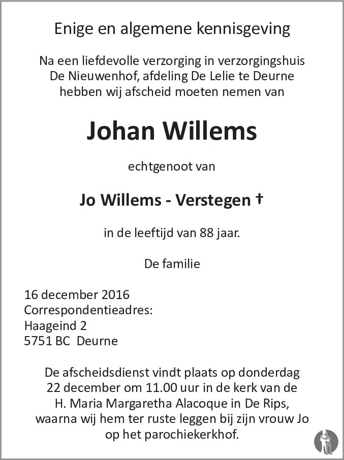 Johan Willems 16-12-2016 overlijdensbericht en condoleances - Mensenlinq.nl